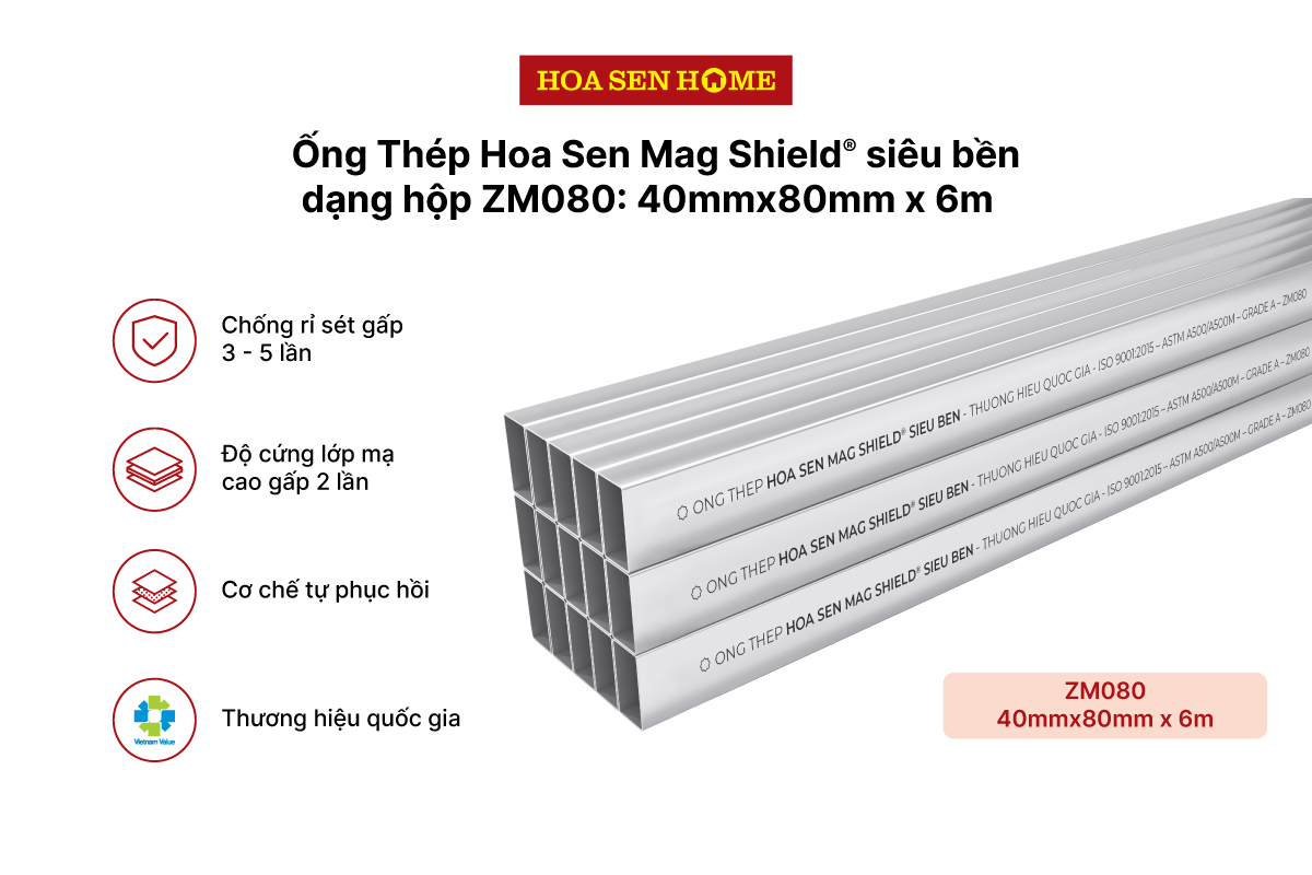 Ống Thép Hoa Sen Mag Shield siêu bền dạng hộp ZM080 quy cách 40mmX80mm dài 6m