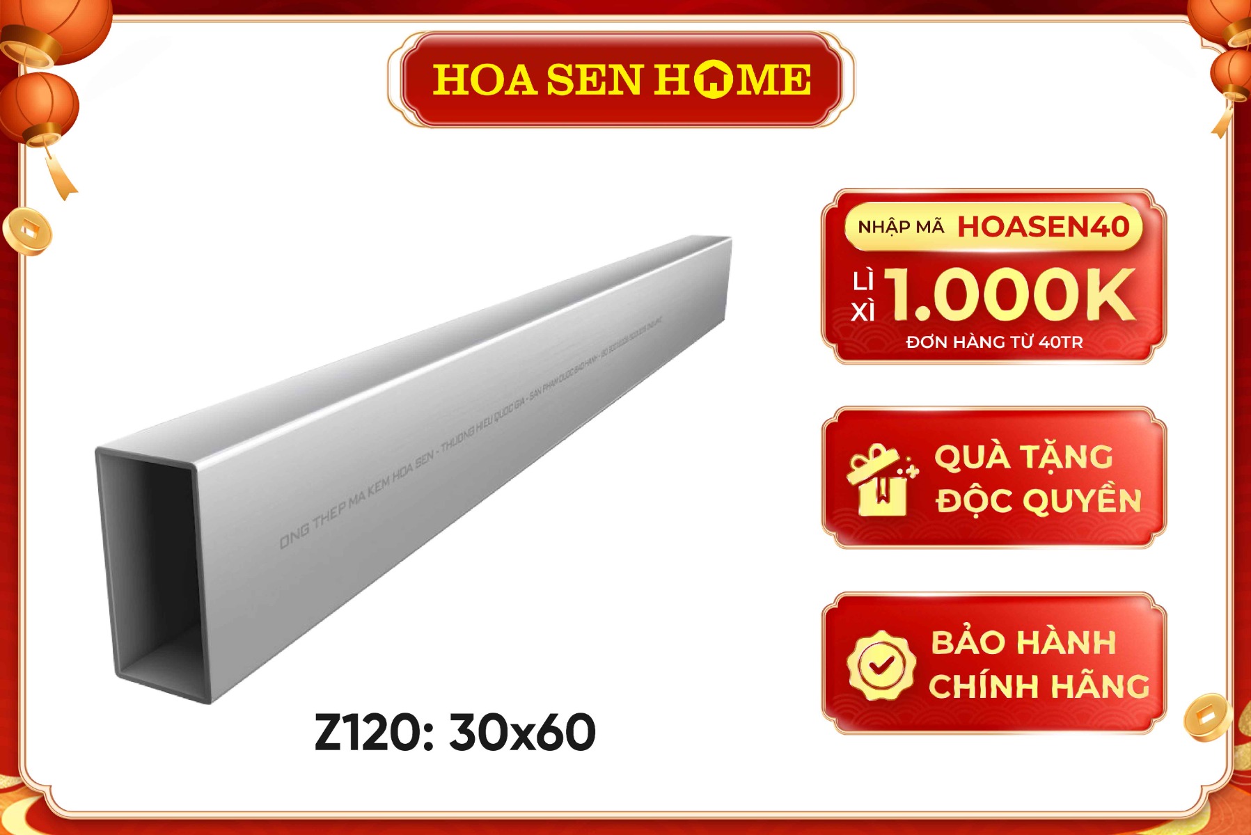 Thép hộp mạ kẽm Z120: 30mmx60mmx6.0m